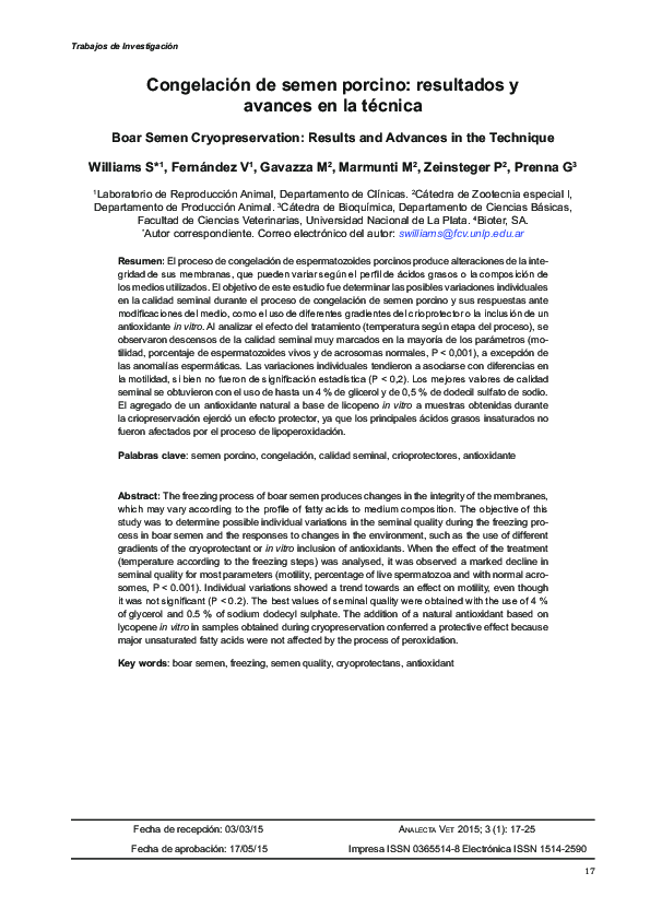 (PDF) Congelación de semen porcino: resultados y avances en la técnica