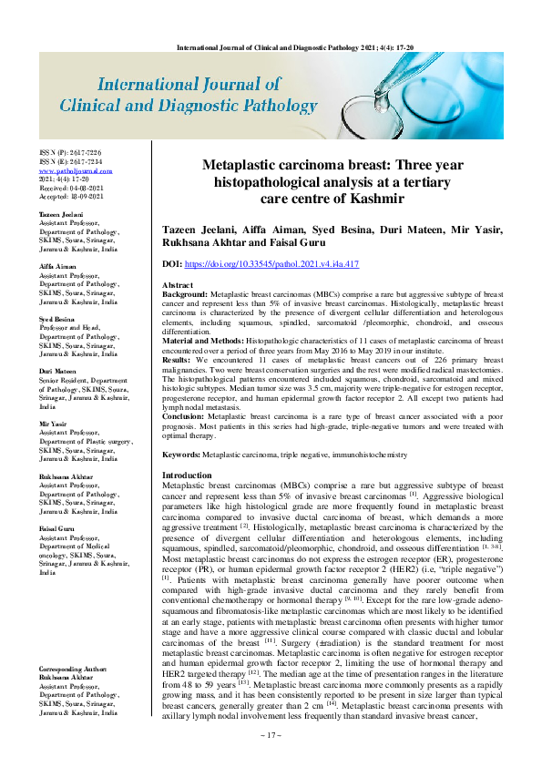 (PDF) Metaplastic carcinoma breast: Three year histopathological analysis at a tertiary care ...