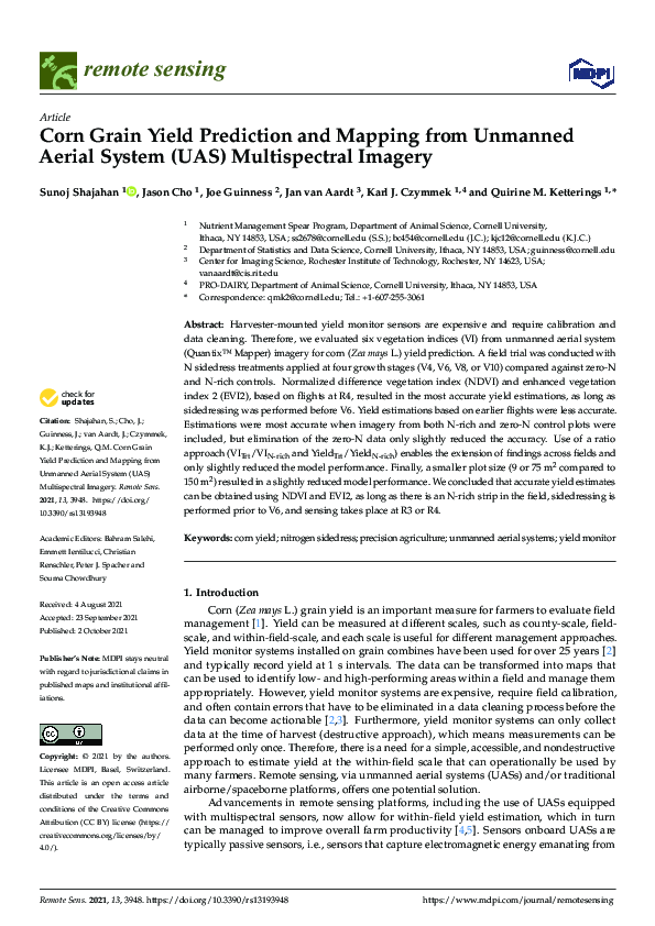 (PDF) Corn Grain Yield Prediction and Mapping from Unmanned Aerial System (UAS) Multispectral ...