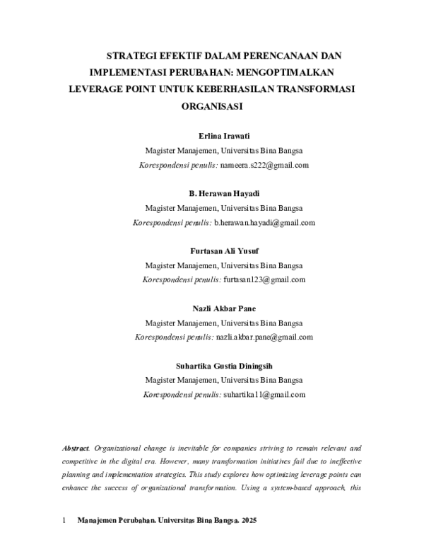 (PDF) STRATEGI EFEKTIF DALAM PERENCANAAN DAN IMPLEMENTASI PERUBAHAN: MENGOPTIMALKAN LEVERAGE ...