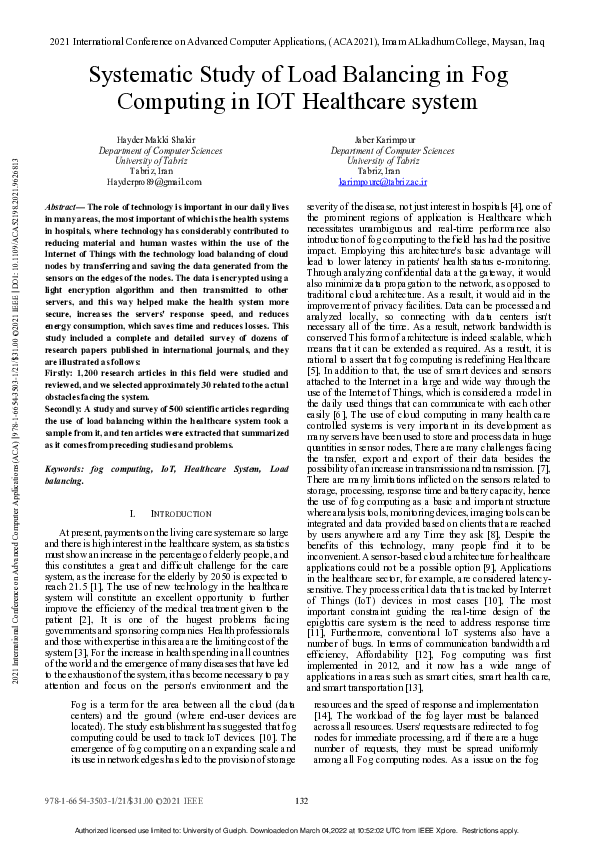 (PDF) Systematic Study of Load Balancing in Fog Computing in IOT Healthcare system
