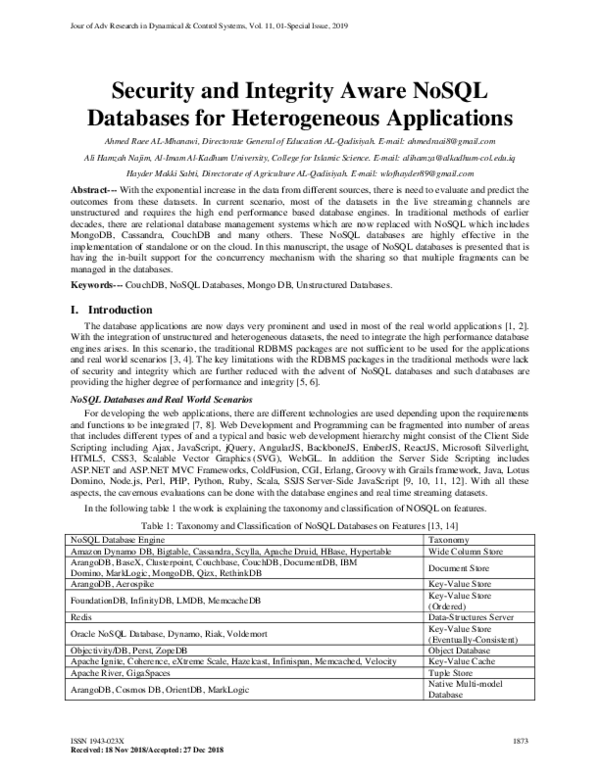 (PDF) Security and Integrity Aware NoSQL Databases for Heterogeneous Applications