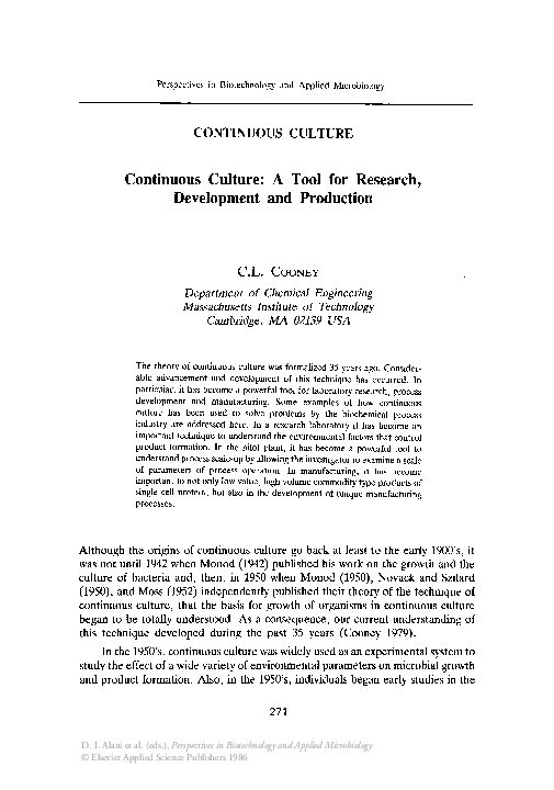 (PDF) Continuous Culture: A Tool for Research, Development and Production