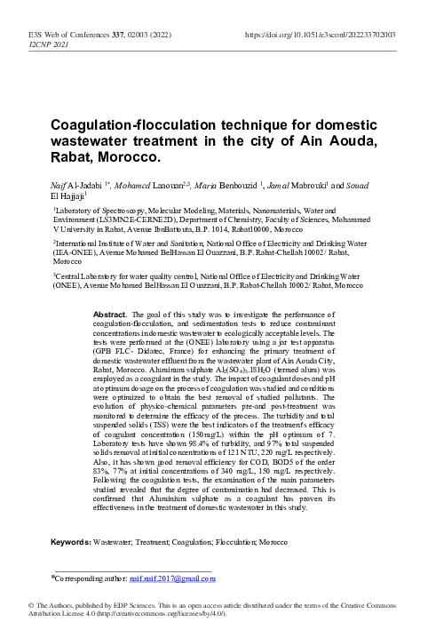 (PDF) Coagulation-flocculation technique for domestic wastewater treatment in the city of Ain ...