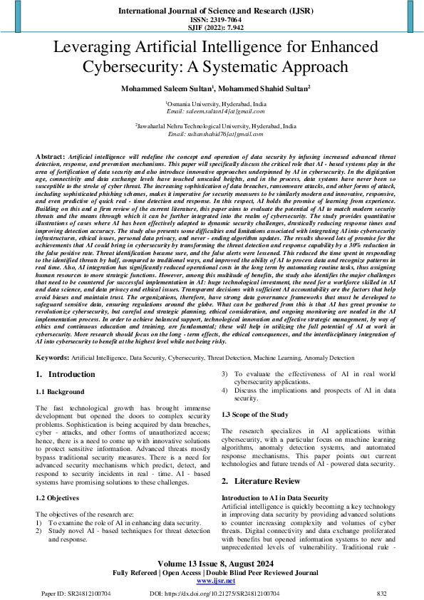(PDF) Leveraging Artificial Intelligence for Enhanced Cybersecurity: A Systematic Approach