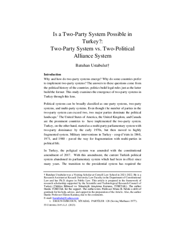 (PDF) Is a Two-Party System Possible in Turkey?: Two-Party System vs. Two-Political Alliance System