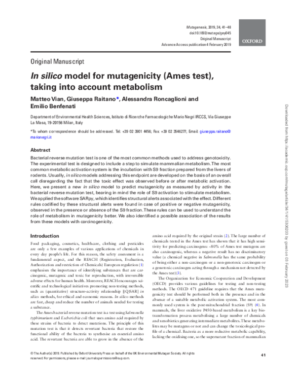 (PDF) In silico model for mutagenicity (Ames test), taking into account ...