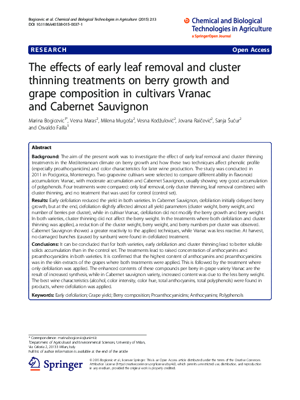 (PDF) The effects of early leaf removal and cluster thinning treatments on berry growth and ...