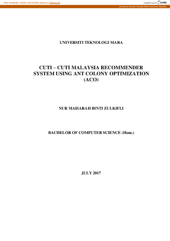 (PDF) Cuti – cuti Malaysia recommender system using Ant Colony Optimization (ACO) / Nur Maisarah ...