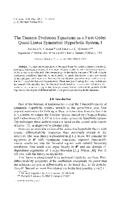 (PDF) The Einstein evolution equations as a first-order quasi-linear symmetric hyperbolic system, I