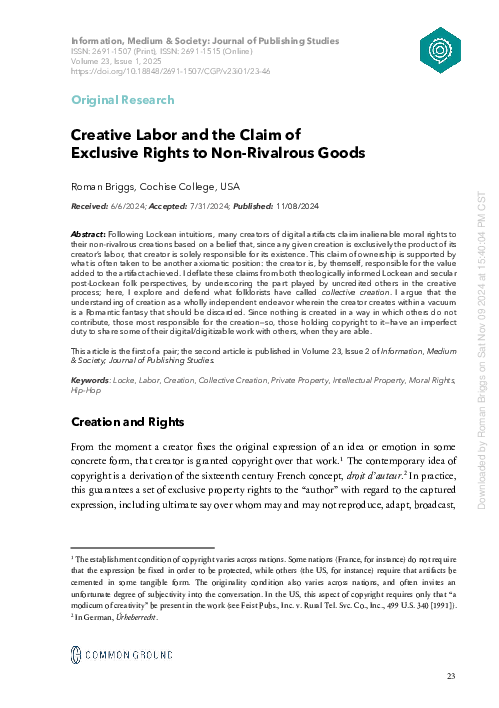 (PDF) Creative Labor and the Claim of Exclusive Rights to Non-Rivalrous ...