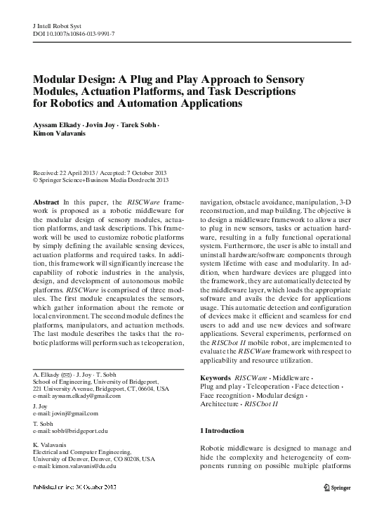 (PDF) Modular Design: A Plug and Play Approach to Sensory Modules, Actuation Platforms, and Task ...