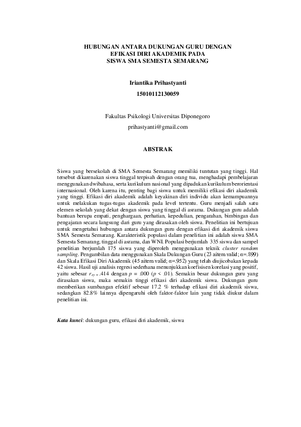 (PDF) Hubungan Antara Dukungan Guru Dengan Efikasi Diri Akademik Pada Siswa Sma Semesta Semarang