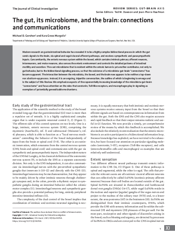 (PDF) The gut, its microbiome, and the brain: connections and communications