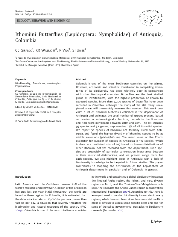 (PDF) Ithomiini Butterflies (Lepidoptera: Nymphalidae) of Antioquia ...