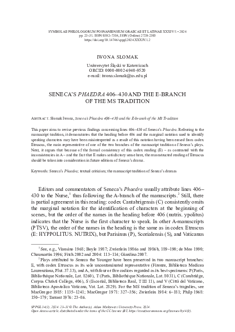 (PDF) SENECA'S PHAEDRA 406-430 AND THE E-BRANCH OF THE MS TRADITION