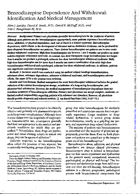(PDF) Benzodiazepine dependence and withdrawal: identification and ...