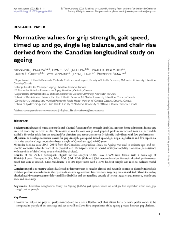 (PDF) Normative values for grip strength, gait speed, timed up and go ...