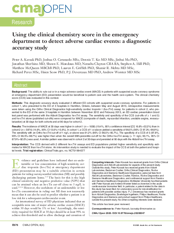 Pdf Using The Clinical Chemistry Score In The Emergency Department To Detect Adverse Cardiac