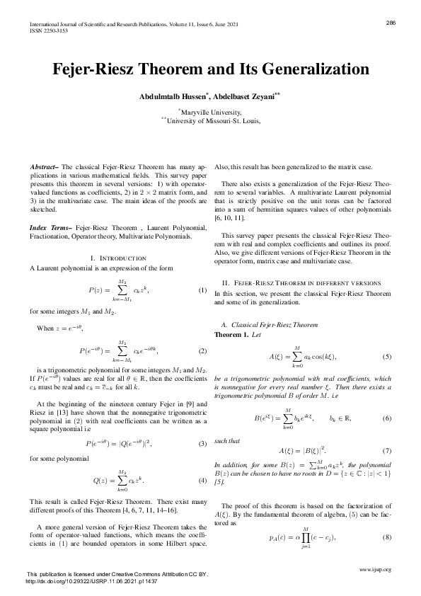 (PDF) Fejer-Riesz Theorem and Its Generalization