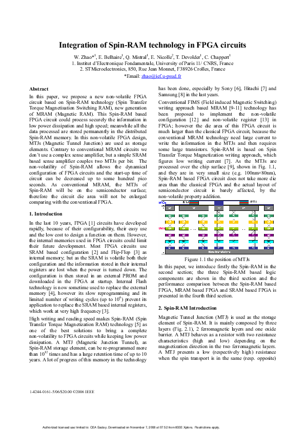 (PDF) Integration of Spin-RAM technology in FPGA circuits