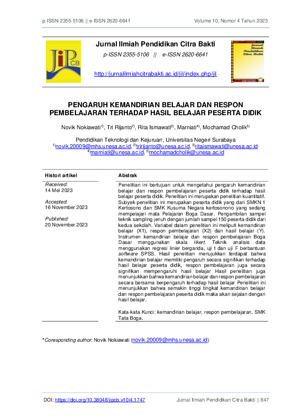 (PDF) Pengaruh Kemandirian Belajar Dan Respon Pembelajaran Terhadap Hasil Belajar Peserta Didik
