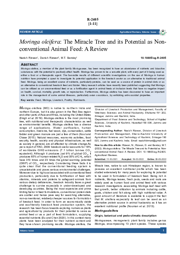 (PDF) Moringa oleifera: The Miracle Tree and its Potential as Non-conventional Animal Feed: A Review