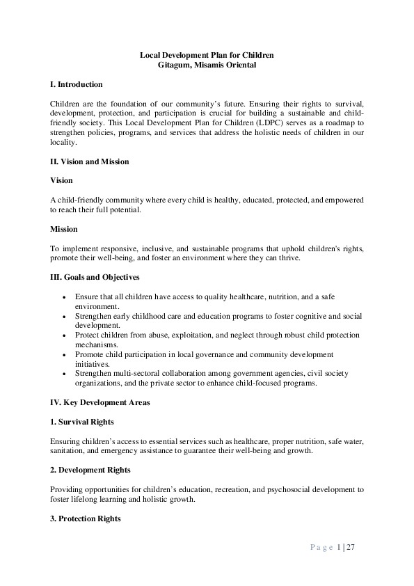 (PDF) Local Development Plan for Children Gitagum, Misamis Oriental