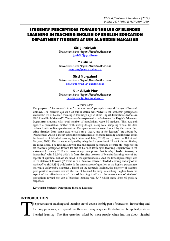 (PDF) Students' Perceptions Toward the Use of Blended Learning in Teaching English of English ...