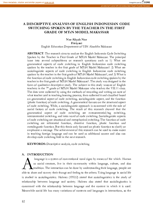 (PDF) A DESCRIPTIVE ANALYSIS OF ENGLISH INDONESIAN CODE SWITCHING ...