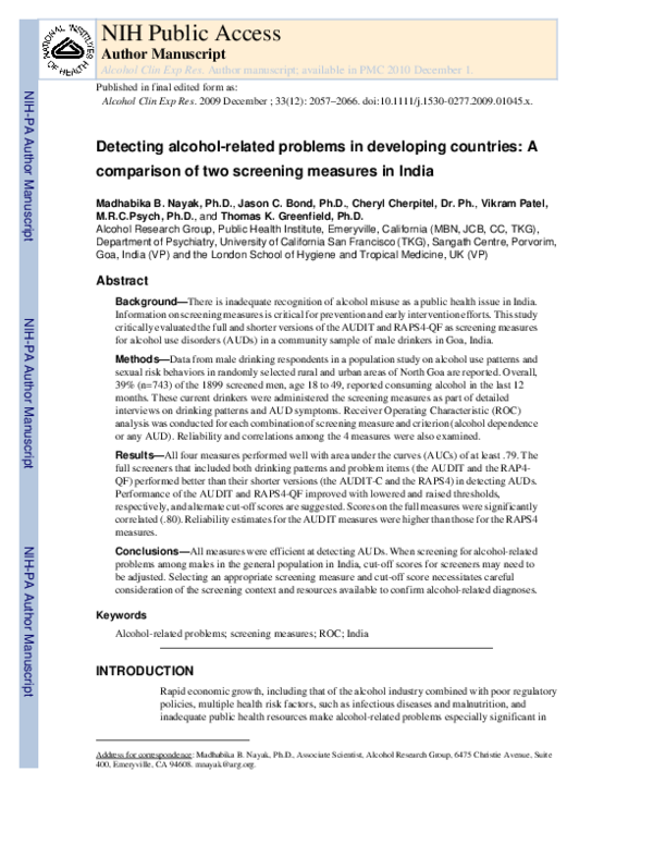 (PDF) Detecting Alcohol-Related Problems in Developing Countries: A ...