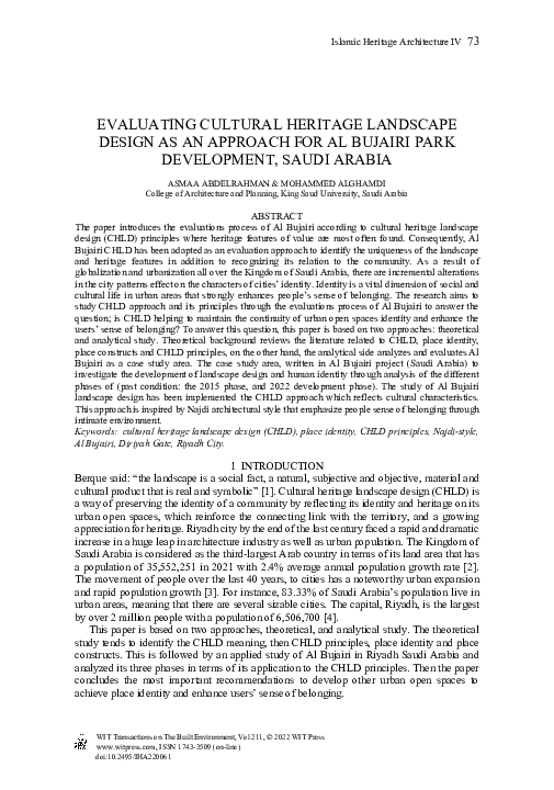 (PDF) Evaluating Cultural Heritage Landscape Design as an Approach for Al Bujairi Park ...