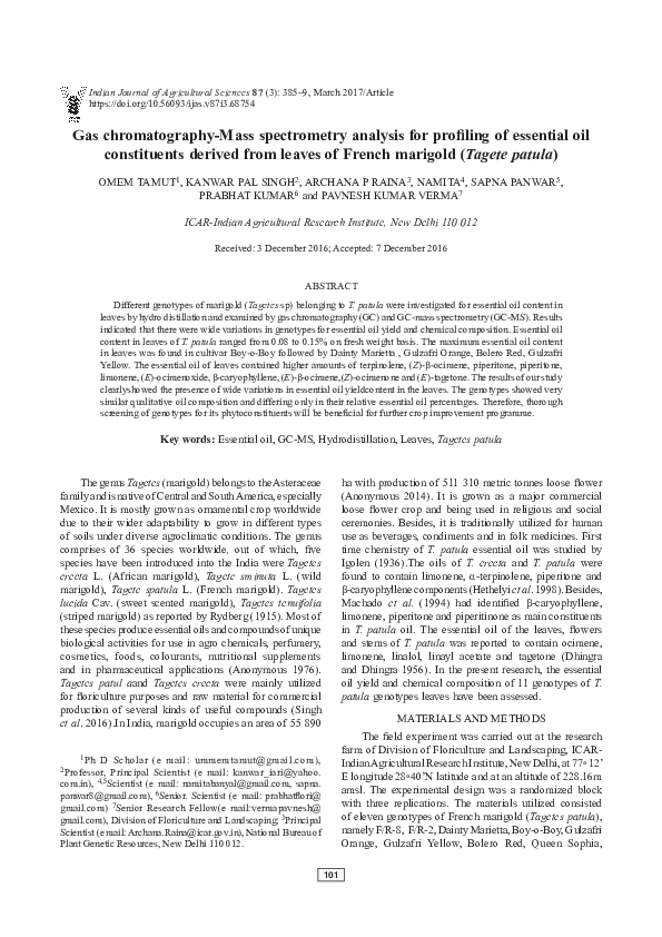 (PDF) Gas chromatography-Mass spectrometry analysis for profiling of essential oil constituents ...