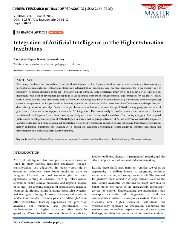 (PDF) Integration of Artificial Intelligence in The Higher Education Institutions