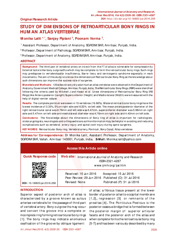 (PDF) Study of Dimensions of Retroarticular Bony Rings in Human Atlas ...