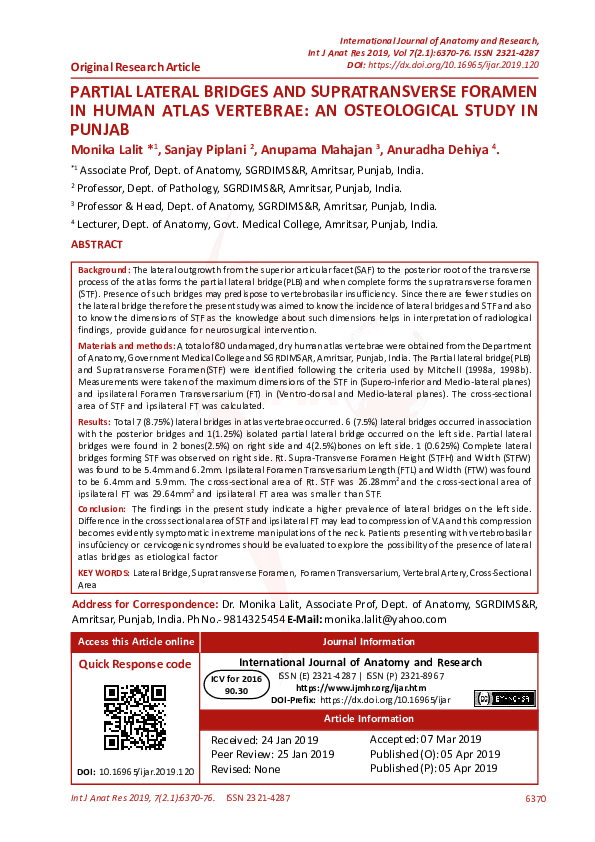 (PDF) Partial Lateral Bridges and Supratransverse Foramen in Human ...