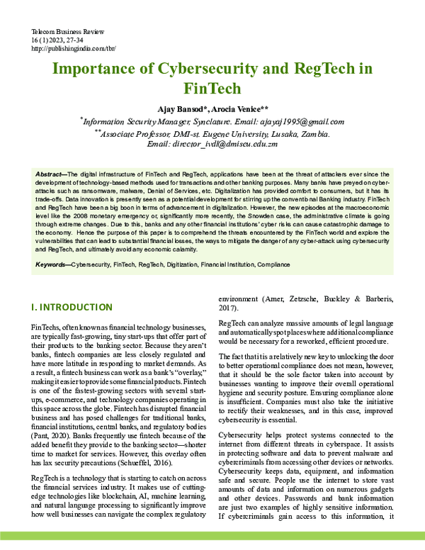 (PDF) Importance of Cybersecurity and RegTech in FinTech