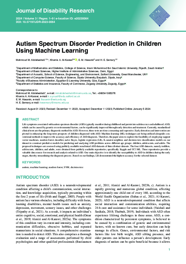 (PDF) Autism Spectrum Disorder Prediction in Children Using Machine Learning