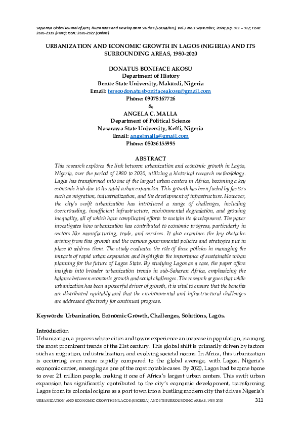 (PDF) URBANIZATION AND ECONOMIC GROWTH IN LAGOS (NIGERIA) AND ITS ...