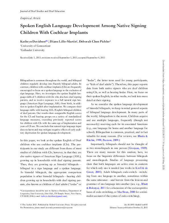 (PDF) Spoken English Language Development Among Native Signing Children ...