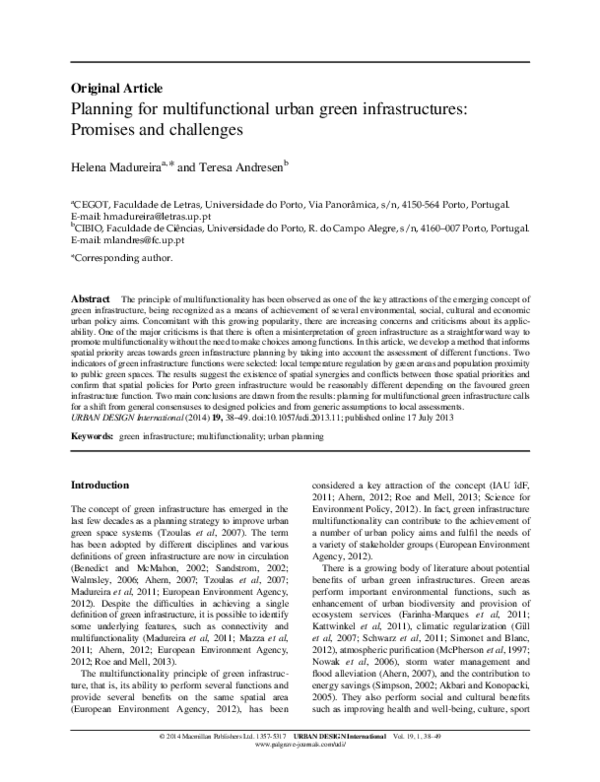 (PDF) Planning for multifunctional urban green infrastructures: Promises and challenges