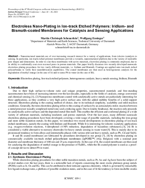 (PDF) Electroless Nano-Plating in Ion-track Etched Polymers: Iridium ...