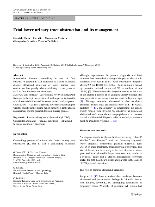 (PDF) Fetal lower urinary tract obstruction and its management
