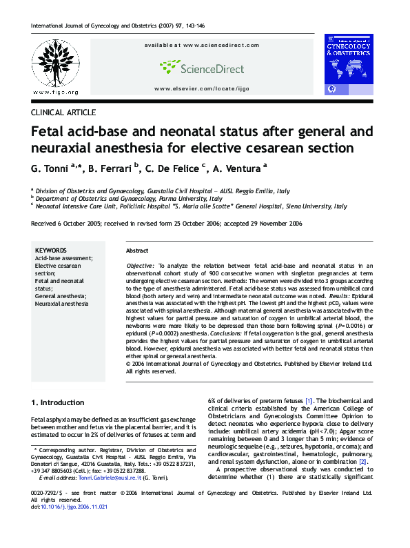 (PDF) Fetal acid‐base and neonatal status after general and neuraxial ...