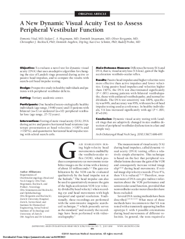 (PDF) A New Dynamic Visual Acuity Test to Assess Peripheral Vestibular ...