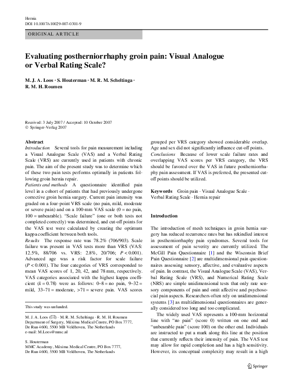 (PDF) Evaluating postherniorrhaphy groin pain: Visual Analogue or ...