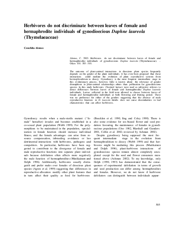 (PDF) Herbivores do not discriminate between leaves of female and ...