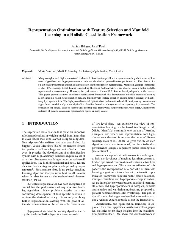Pdf Representation Optimization With Feature Selection And Manifold