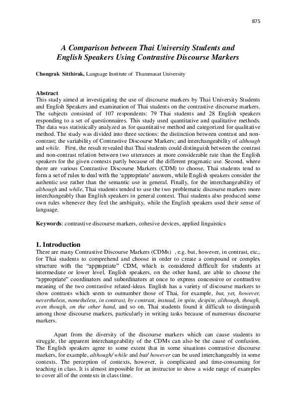 (PDF) A Comparison between Thai University Students and English Speakers Using Contrastive ...