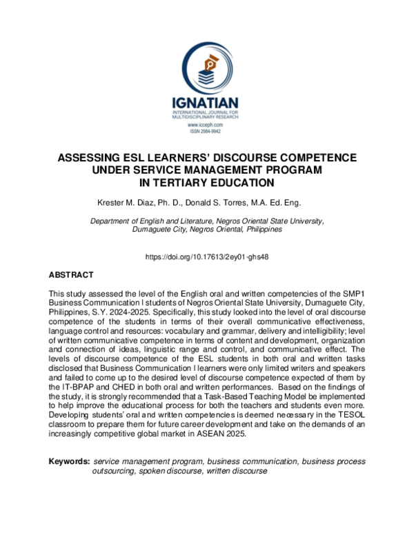 (PDF) ASSESSING ESL LEARNERS' DISCOURSE COMPETENCE UNDER SERVICE MANAGEMENT PROGRAM IN TERTIARY ...